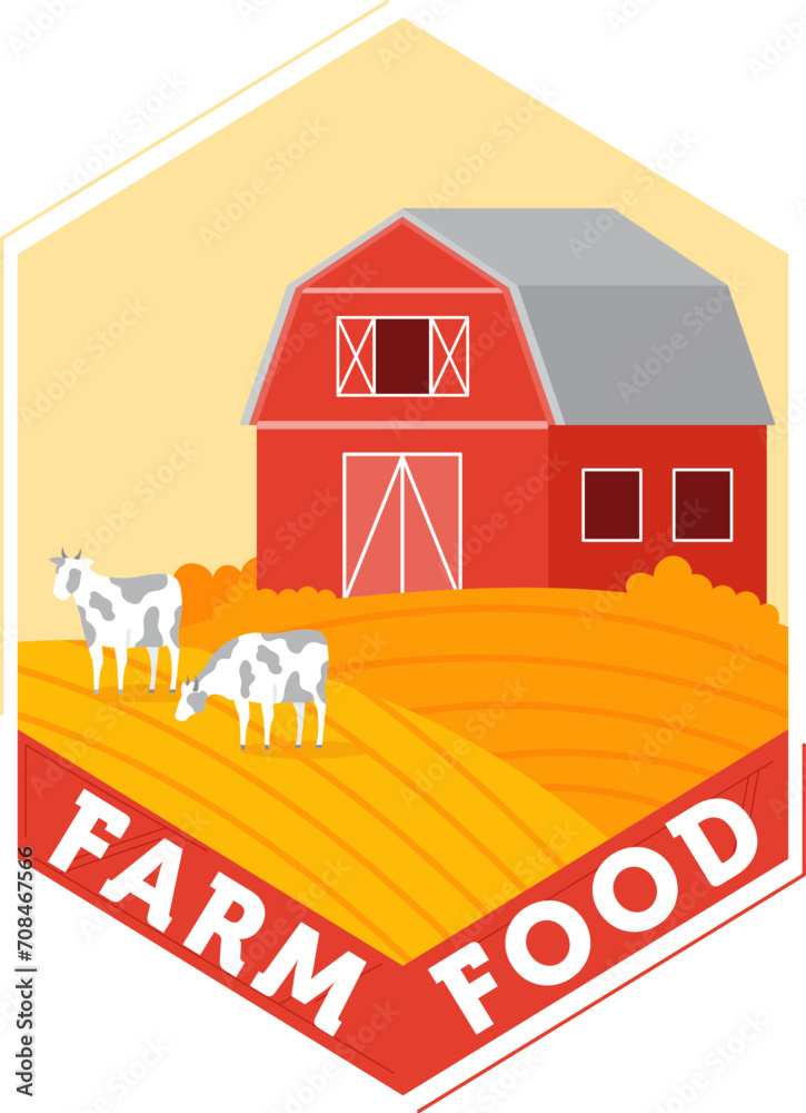 Red barn with cows on a yellow field labeled Farm Food within a ...