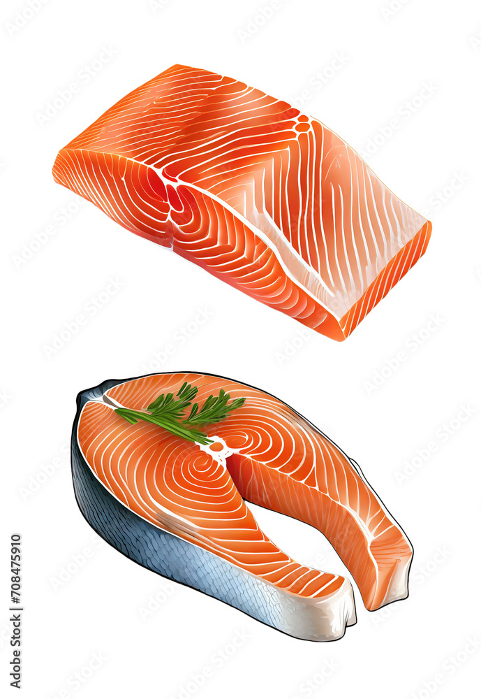 Raw Salmon Fillet Portion Cut and Steak Cut Isolated on Transparent ...