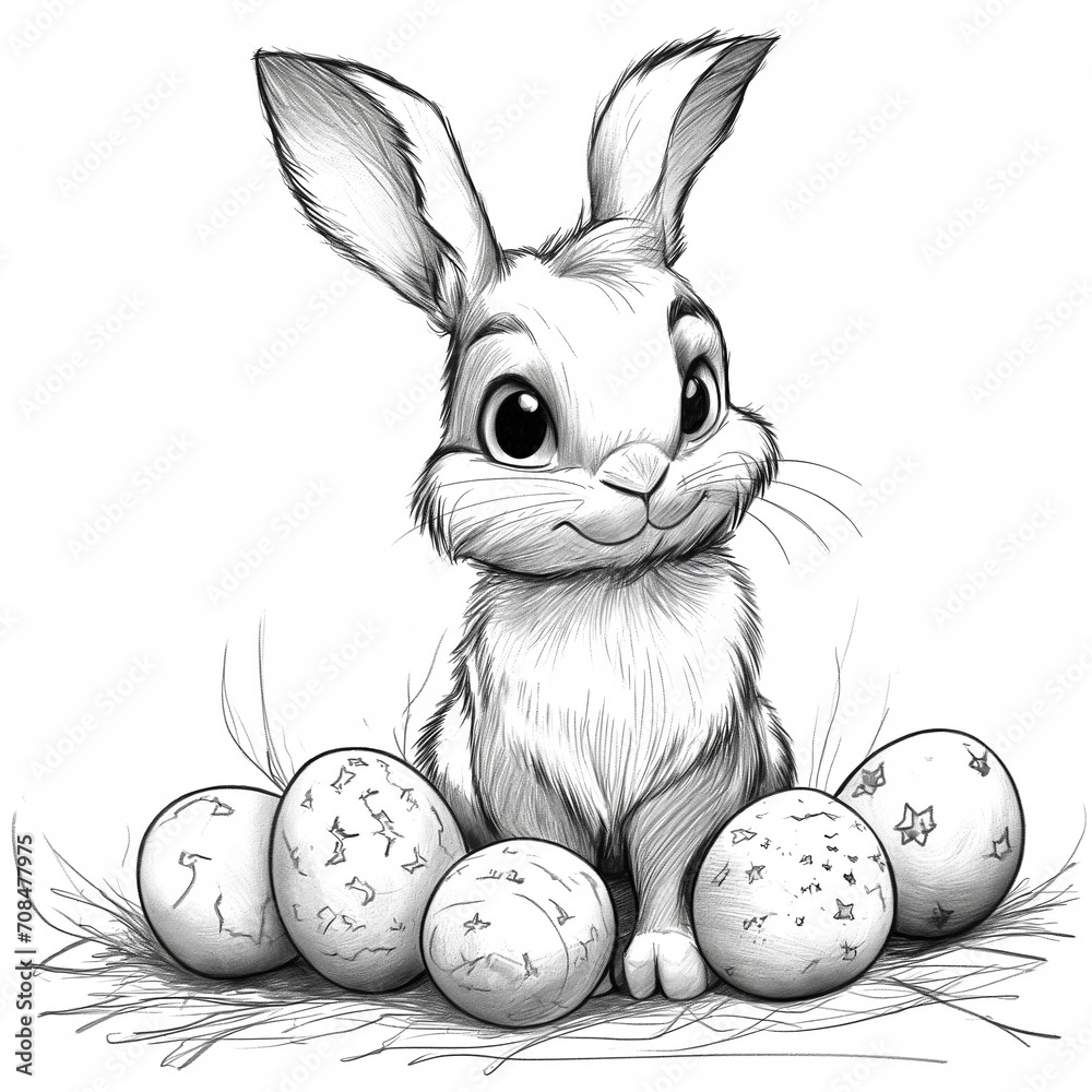 Rabbit with long ears and big eyes is sitting near Easter eggs as ...