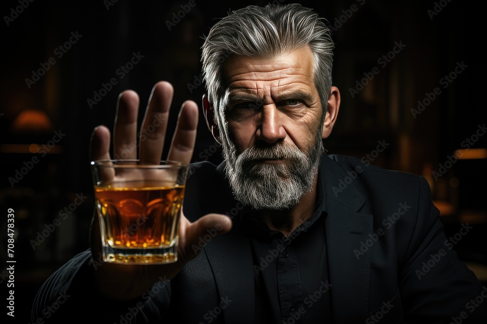 Man refuses say no and avoid to drink an alcohol whiskey , stopping ...