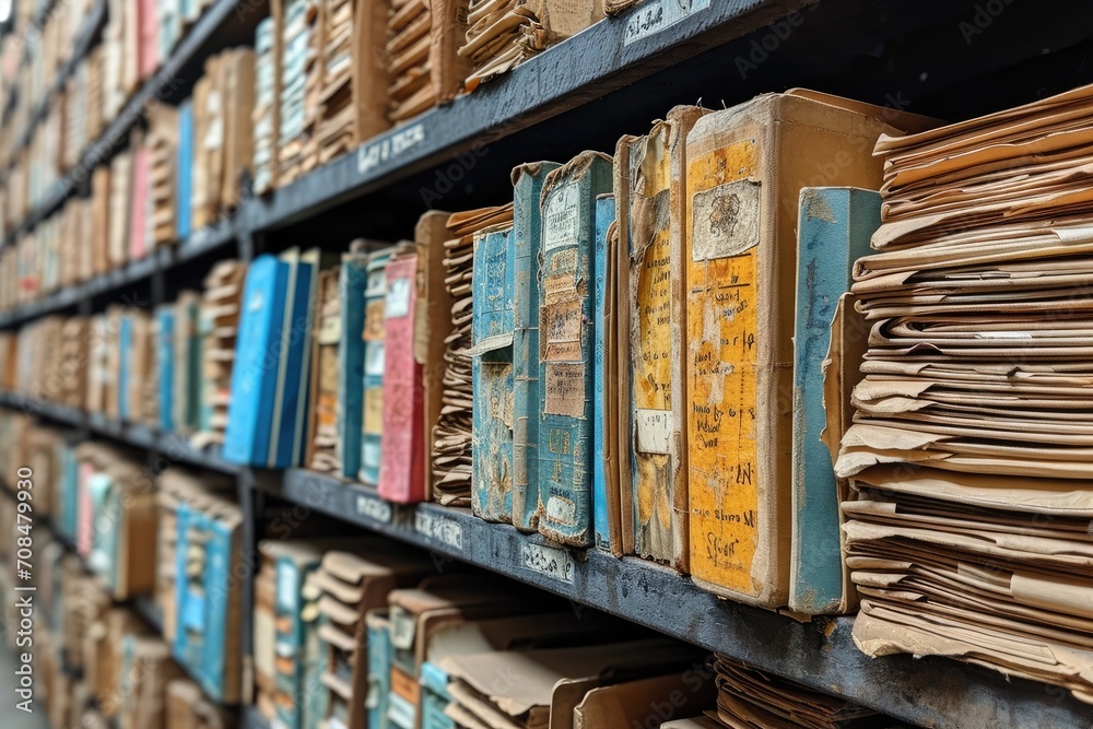 A close-up of old folders with brightly colored files that are ...