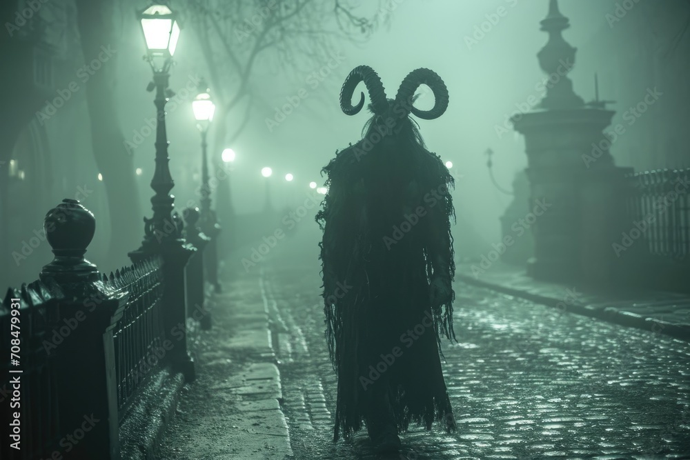 A person donning an ominous horned krampus mask meanders through a mist ...