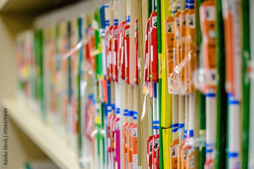 A close-up of old folders with brightly colored files that are ...