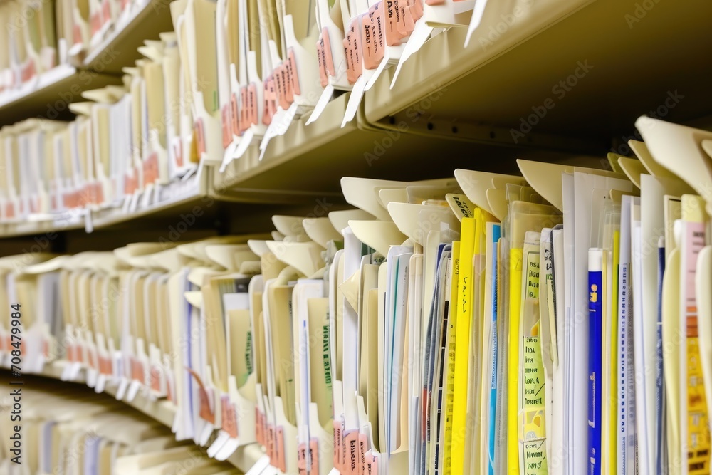 A close-up of old folders with brightly colored files that are ...