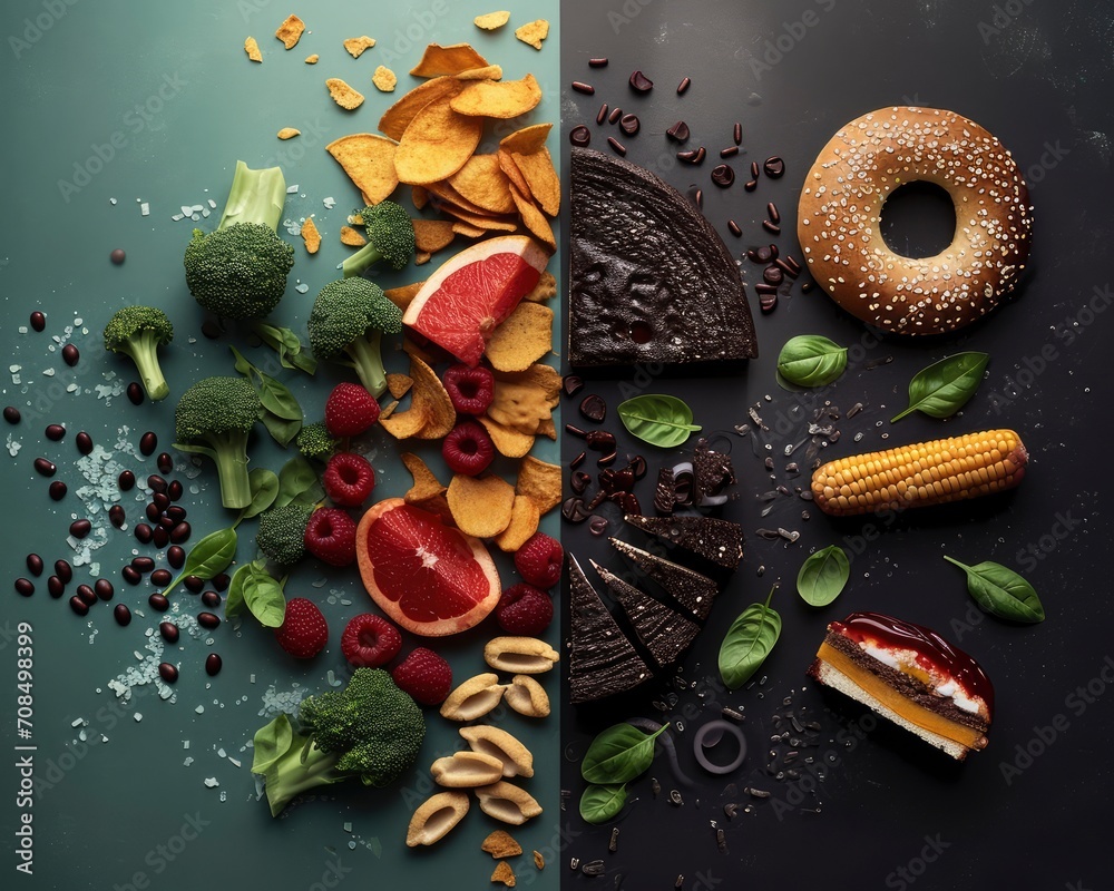 Striking Visual Concept Contrasting Fresh Nutrition and Unhealthy Junk ...