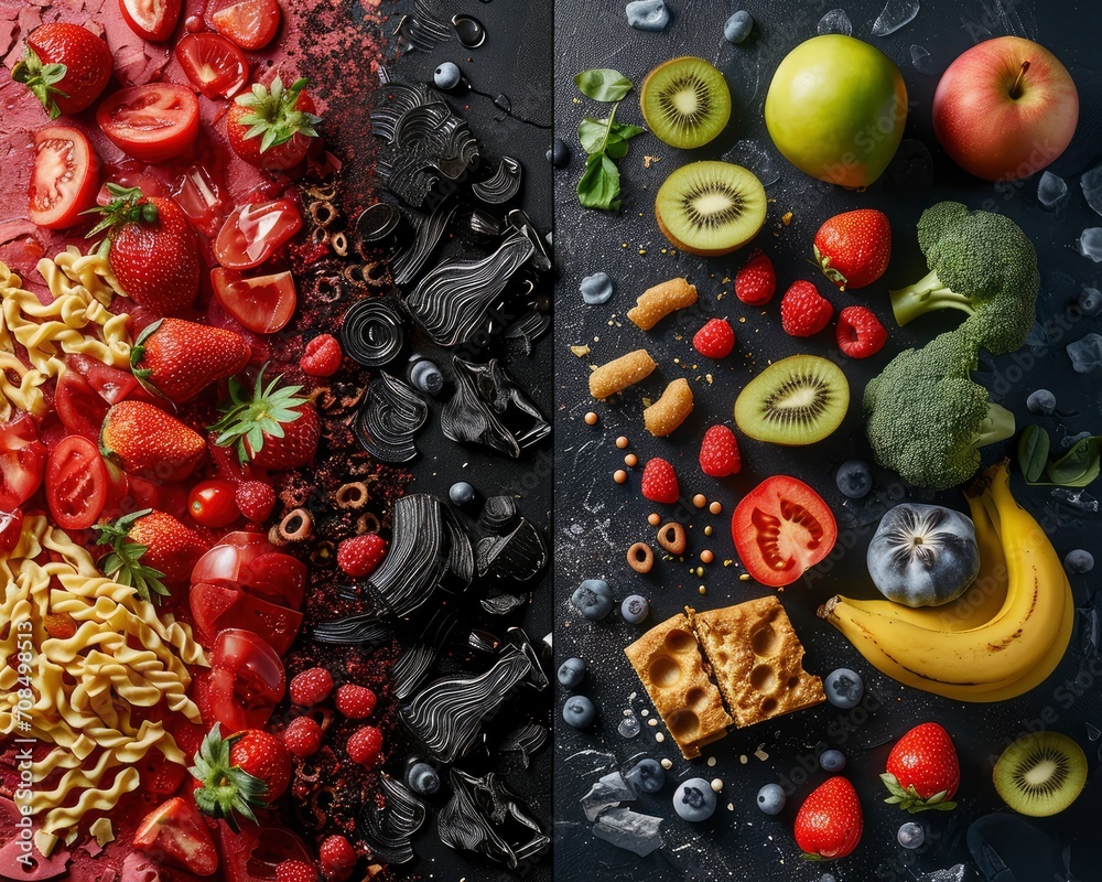 Striking Visual Concept Contrasting Fresh Nutrition and Unhealthy Junk ...