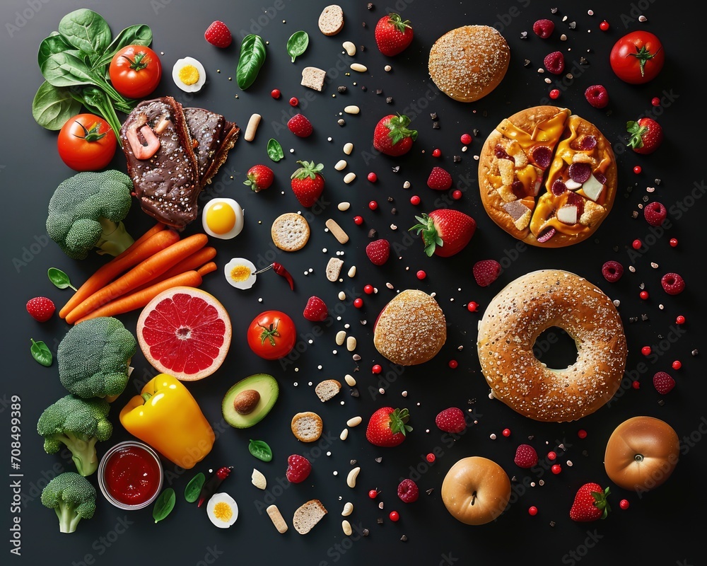 Striking Visual Concept Contrasting Fresh Nutrition and Unhealthy Junk ...