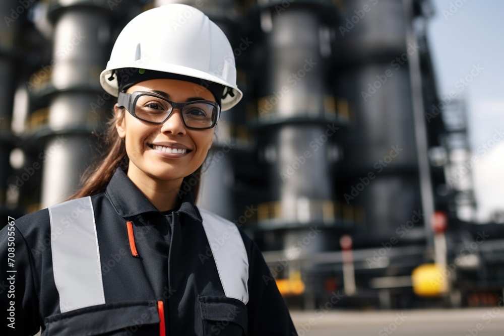 Smiling female chemical engineer wearing hardhat and safety glasses at ...