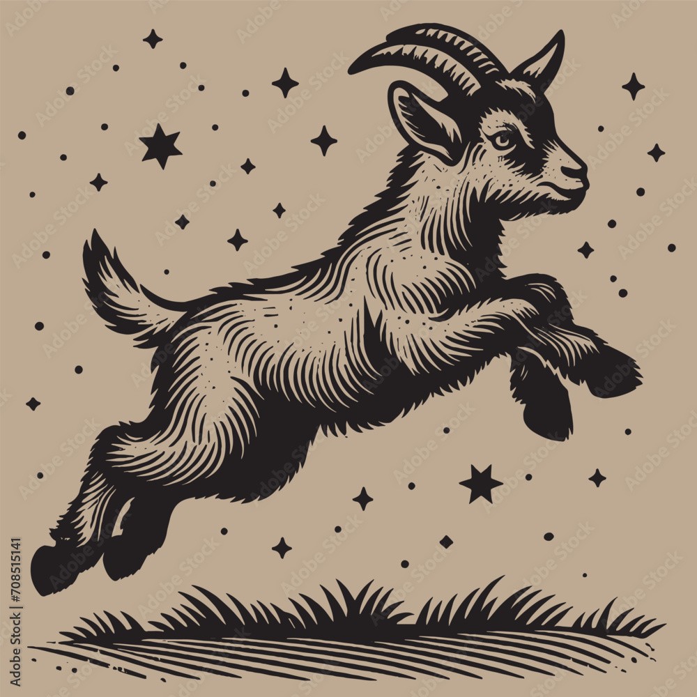 The little goat is jumping. Beautiful vintage engraving vector ...