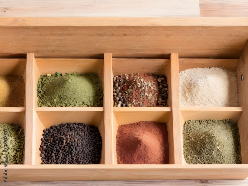 variety of most most popular spices in a wooden box Turmeric, chilli ...