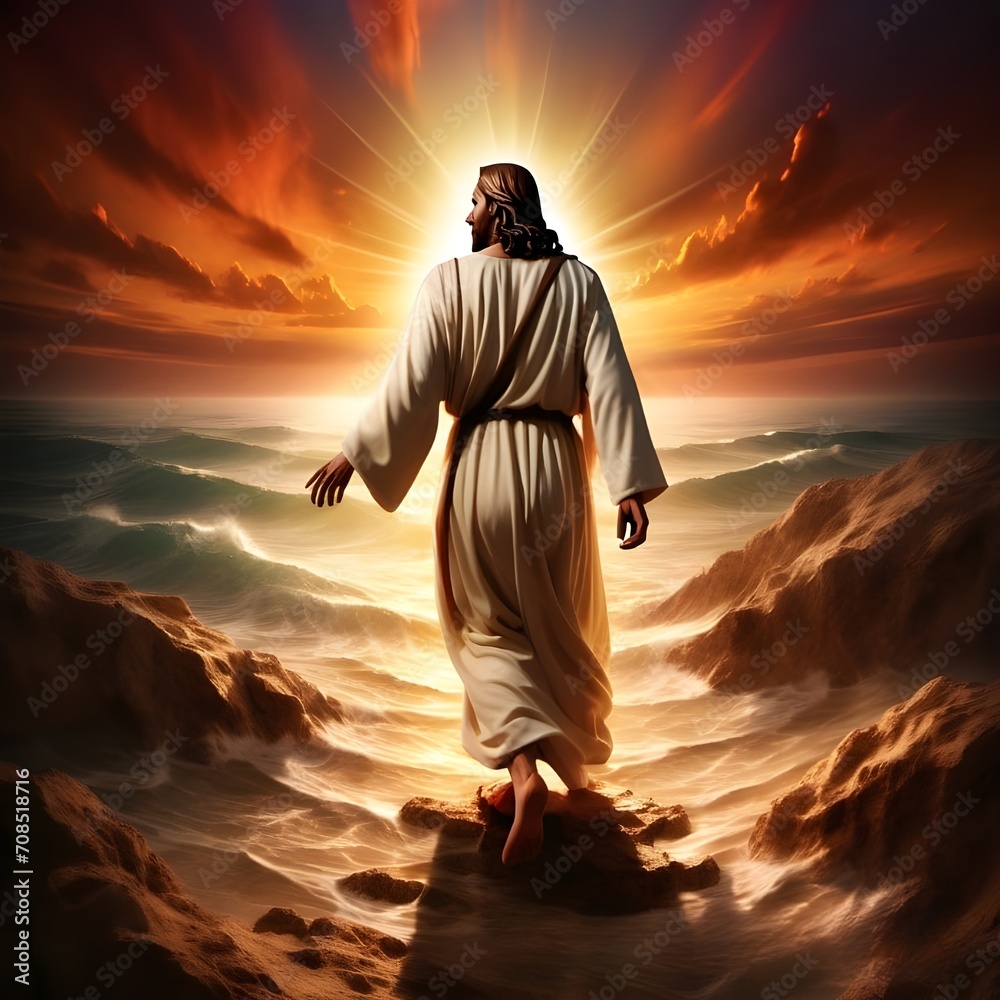 Jesus Christ raised hands and praying to god by walking on water in ...