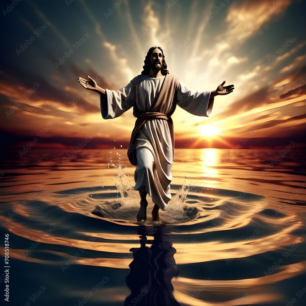 Jesus Christ raised hands and praying to god by walking on water in ...