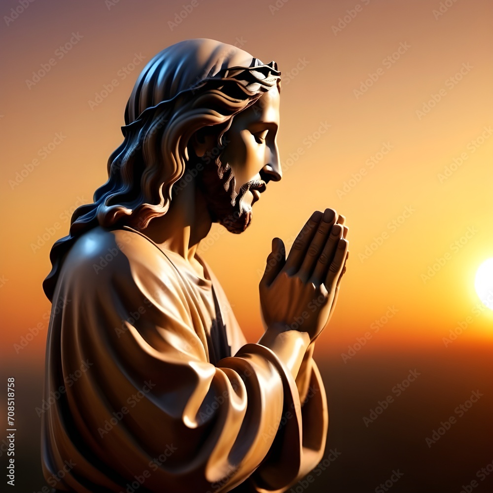 Side view of Jesus Christ raised hands and praying to god in sunset ...