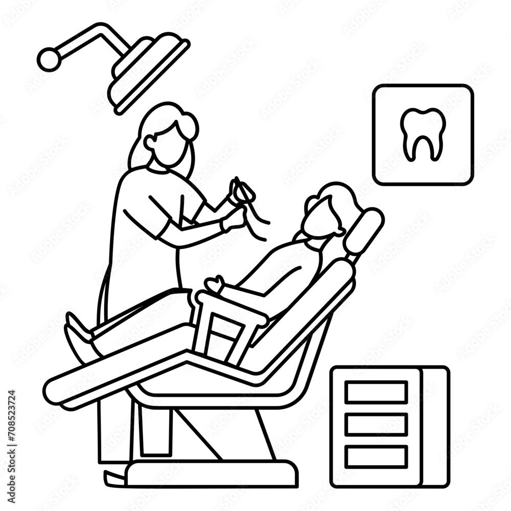 dental hygienist Concept, Young woman visiting dentist Vector outline ...