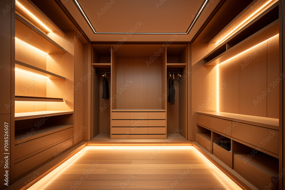 Walk in closet interior design, empty warm wooden walk in wardrobe in ...
