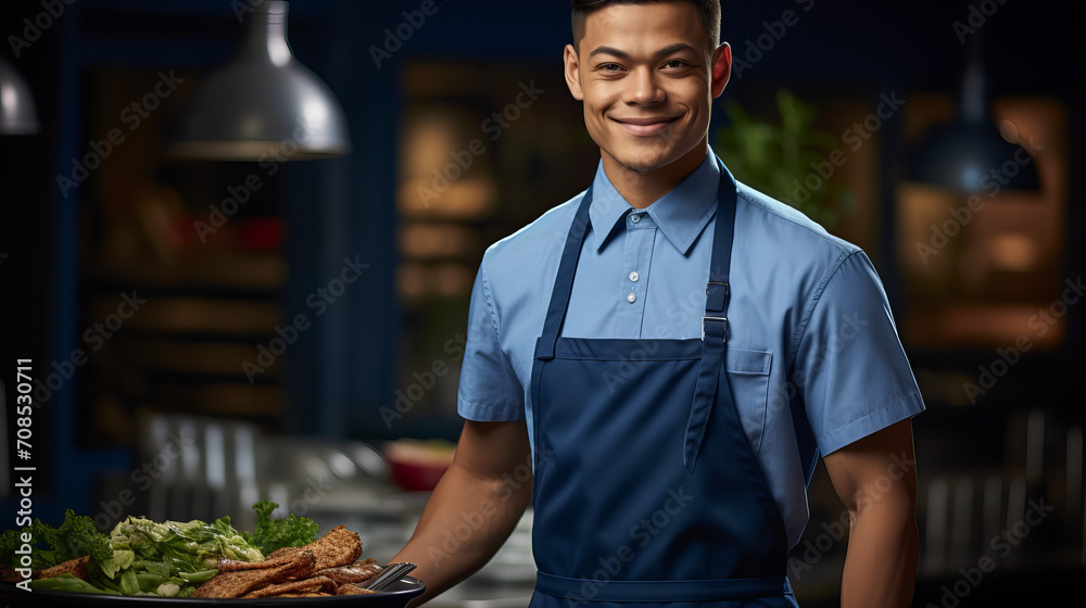 Confident Chef Presenting Dish, smiling male chef proudly presenting a ...