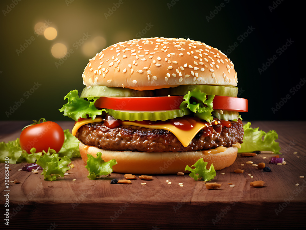 Sebuah burger daging berisi keju dan sayuran dengan taburan wijen ...