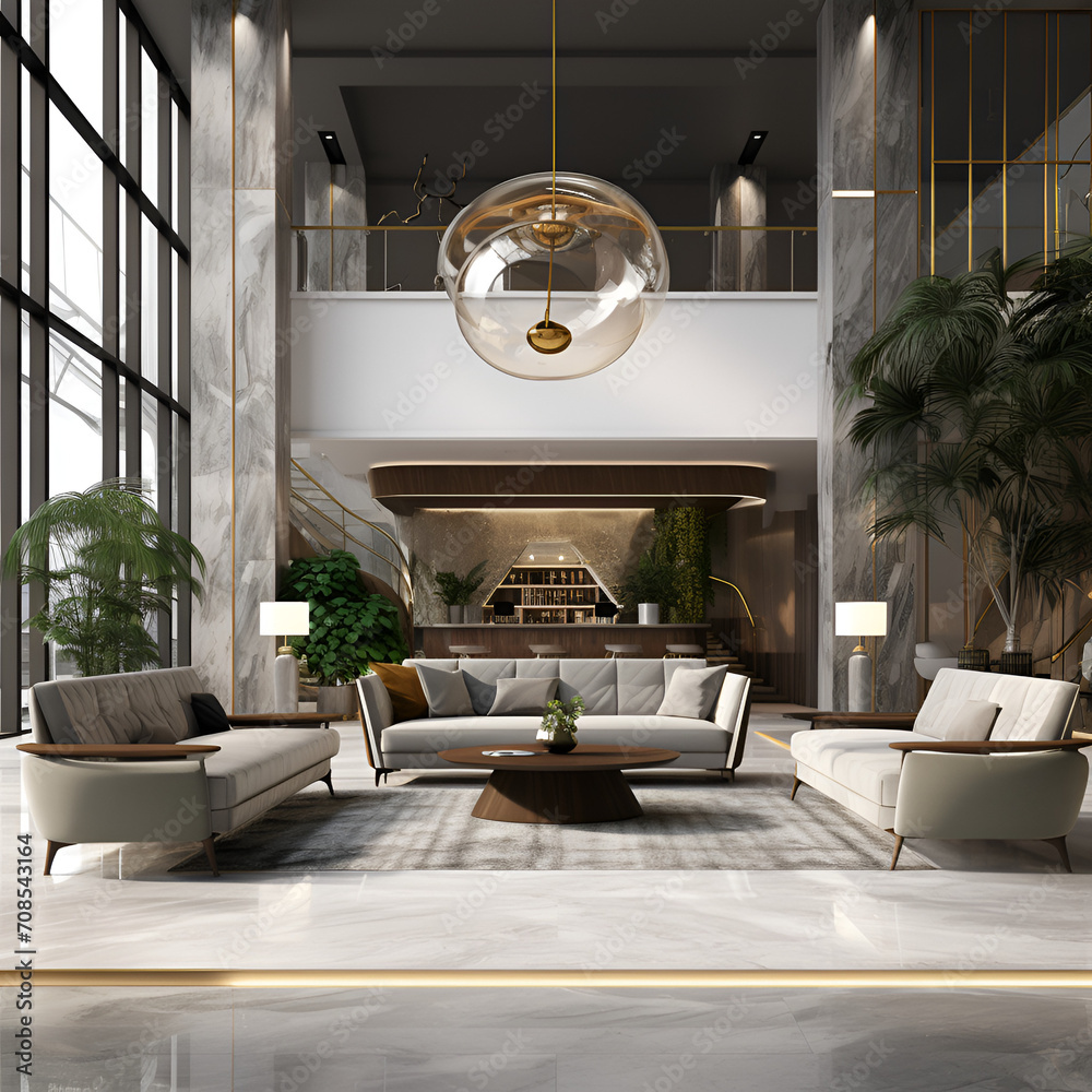 Hotel lobby, modern & elegant furniture such as table, sofa, chair ...