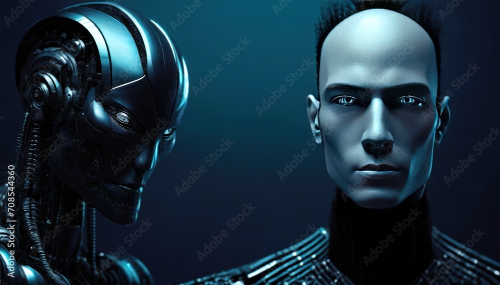 3D image of a full bodied or a man robot, half face of man half face of ... 3D image of a full bodied or a man robot, half face of man half face of ...