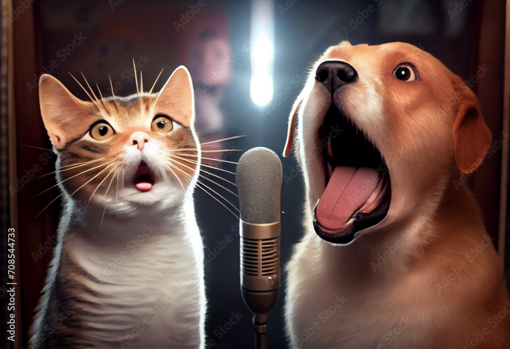A cat and a dog sing in a karaoke bar. AI generated. Stock-Illustration ...