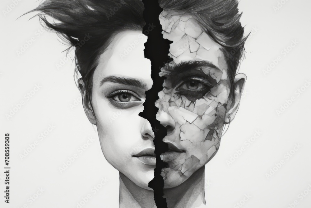 A monochrome portrait of a woman reveals a fractured face, symbolizing ...