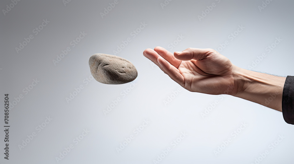 human hand holding and throwing a floating stone on a white background ...