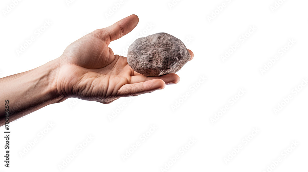 human hand holding and throwing a floating stone on a white background ...