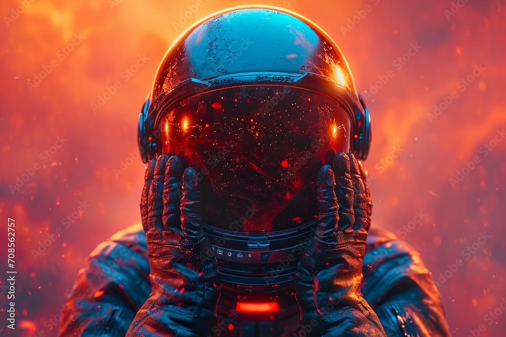 Astronaut on the surface of a rock with a space colorful background, an ...