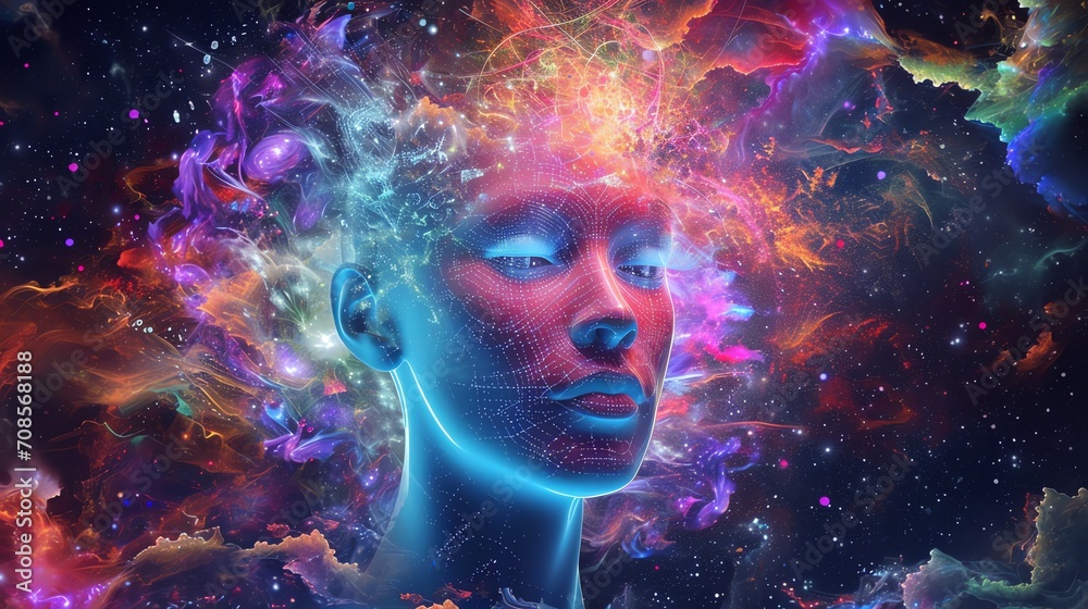A portrait where human consciousness merges with the cosmos, depicted ...