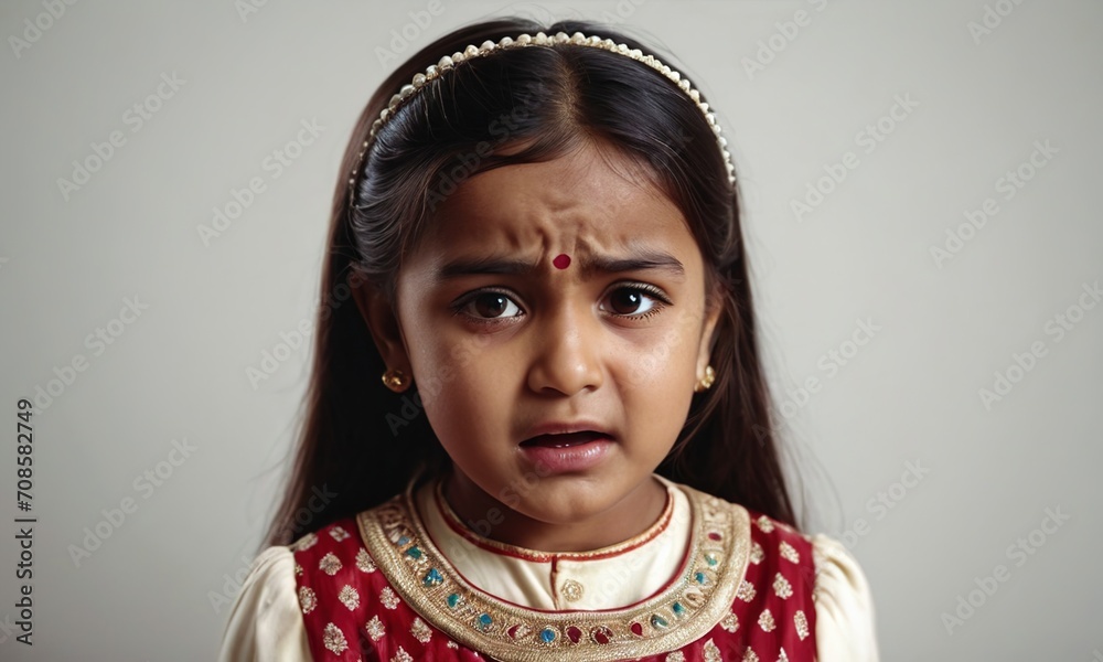crying little Indian woman, little child, children's emotions, portrait ...