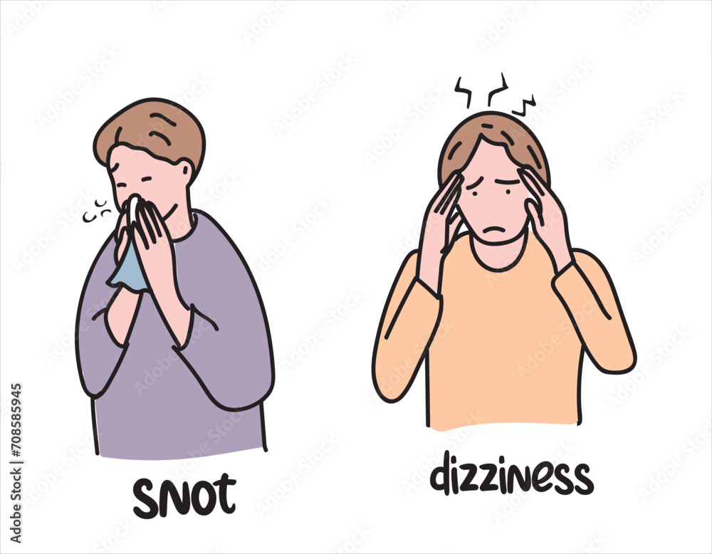 Dizziness and snot illness hand drawing vector illustration Stock ...