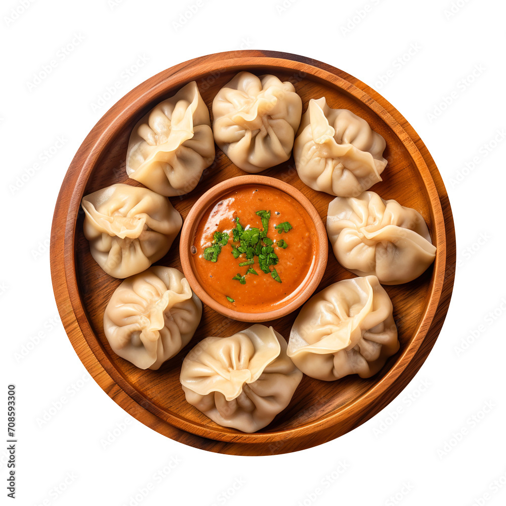 Dumpling momos with sauce in a wooden plate isolated on transparent ...
