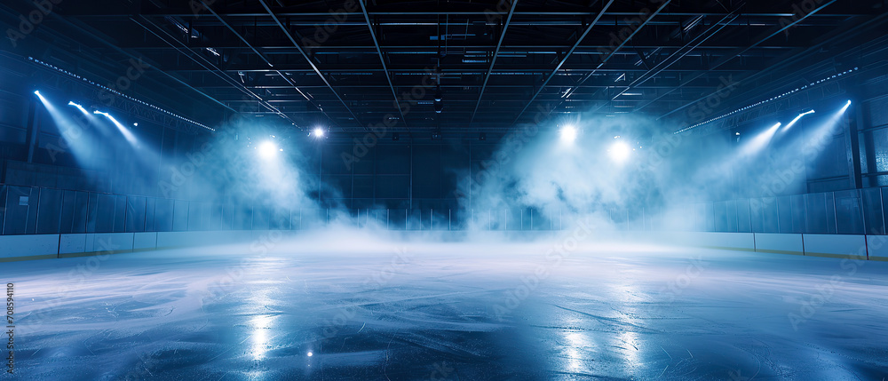 Sci-fi futuristic background with neon spotlights, smoke.Ice Rink ...