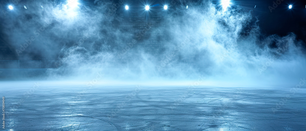 Sci-fi futuristic background with neon spotlights, smoke.Ice Rink ...