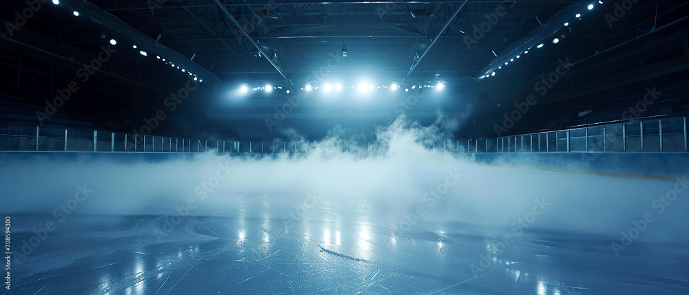 Sci-fi futuristic background with neon spotlights, smoke.Ice Rink ...