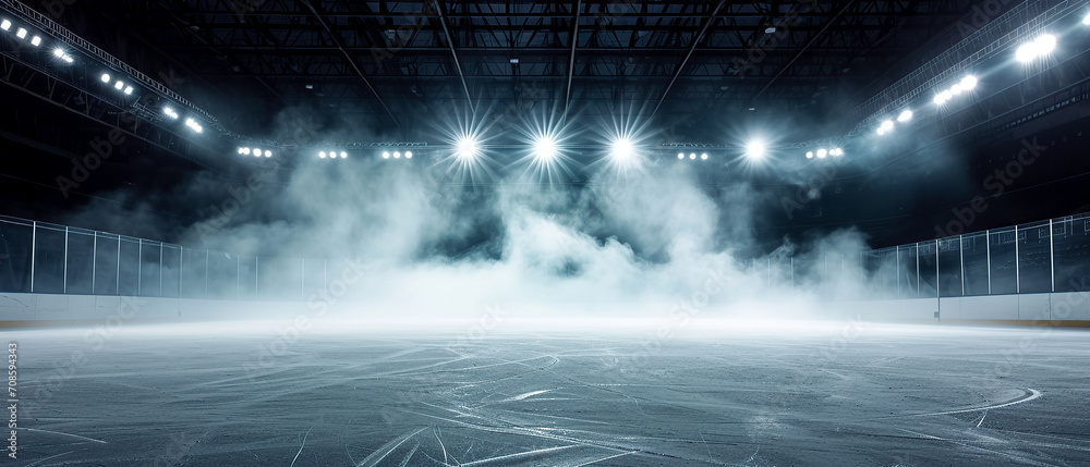 Sci-fi futuristic background with neon spotlights, smoke.Ice Rink ...