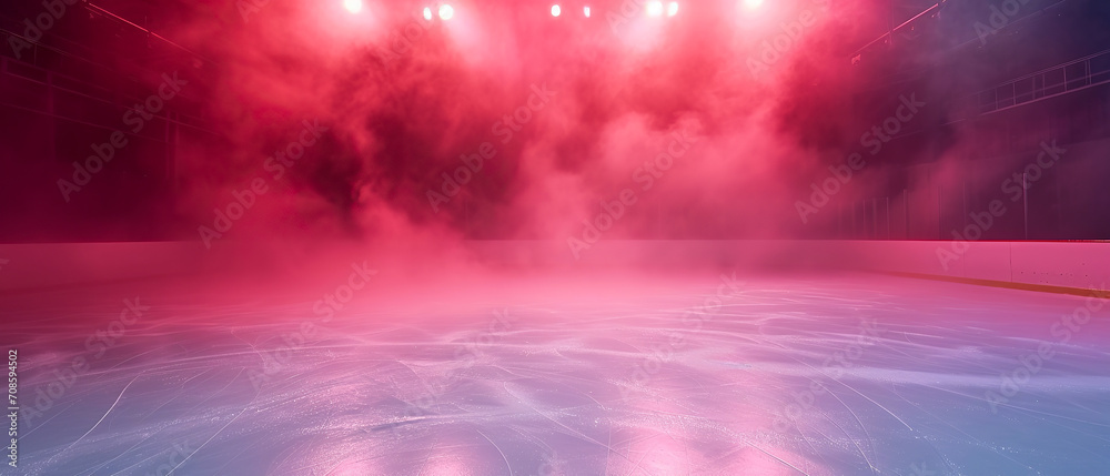 Red Ice Rink Background. Professional Arena illuminated red neon lights ...