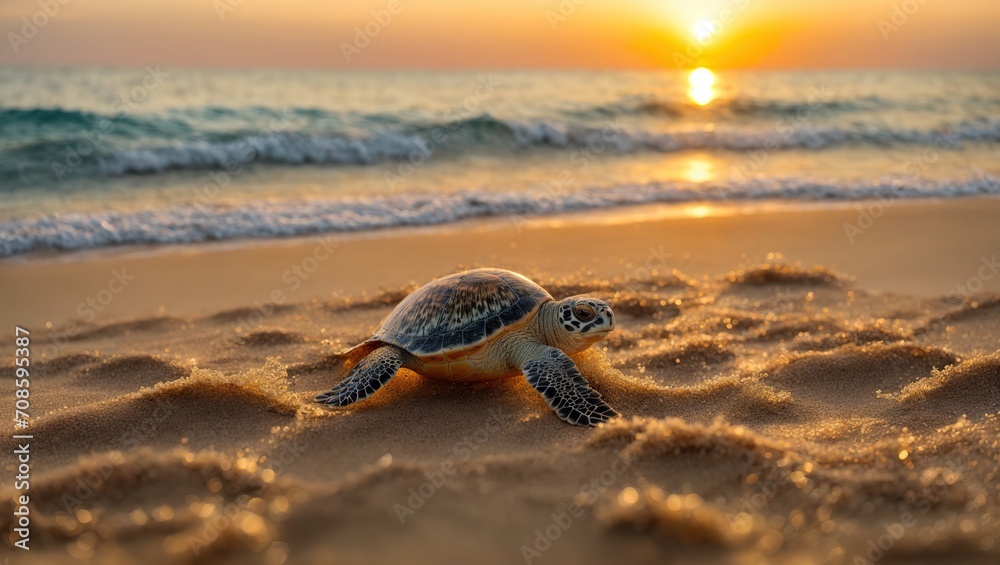 As the sun rises over the horizon, a tiny loggerhead sea turtle ...