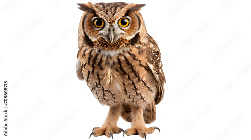 A majestic screech owl peers intensely at the camera, its piercing eyes ...