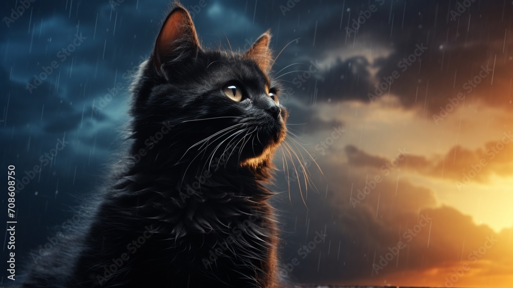 Black cat animal rain with storm cloud background image Ai generated ...