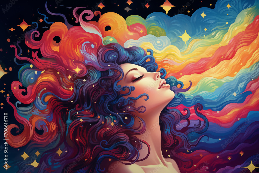 Woman rainbow head, rainbow and stars, cartoon-inspired pop, barbiecore ...