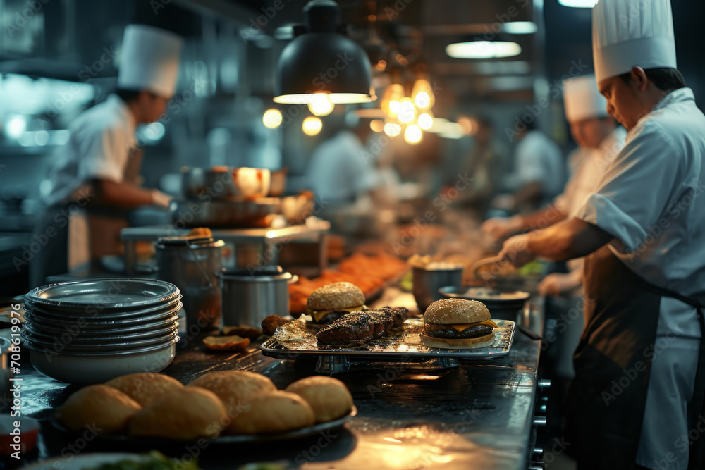 Process of cooking an order in kitchen of fast food restaurant. Chef ...