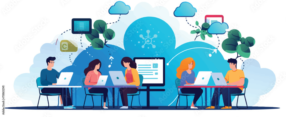 Teleworking and business teamwork cute cartoon on white background ...