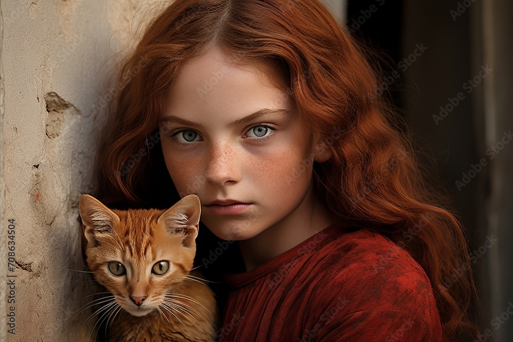 Young Girl Wearing an Elegant Dress with a Unique Red Cat Head Standing ...