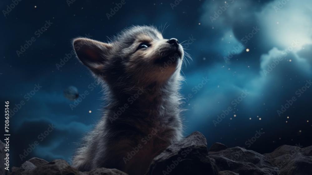 Little cute wolf cub howls at the moon Stock Illustration | Adobe Stock