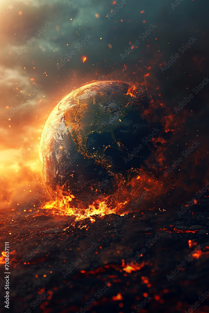 Earth globe collapse burning destroyed by fire. Stock Illustration | Adobe Stock