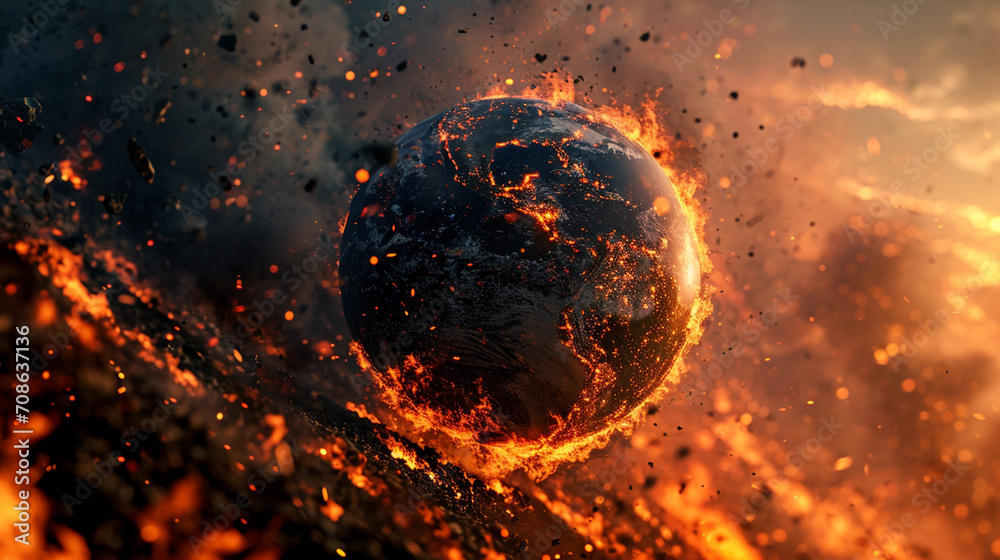 Earth globe collapse burning destroyed by fire. Stock Illustration | Adobe Stock