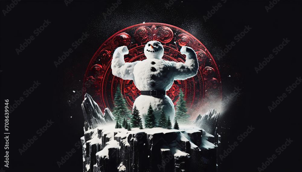 A 3D render of a snowman as a bodybuilder in a dynamic pose, flexing ...