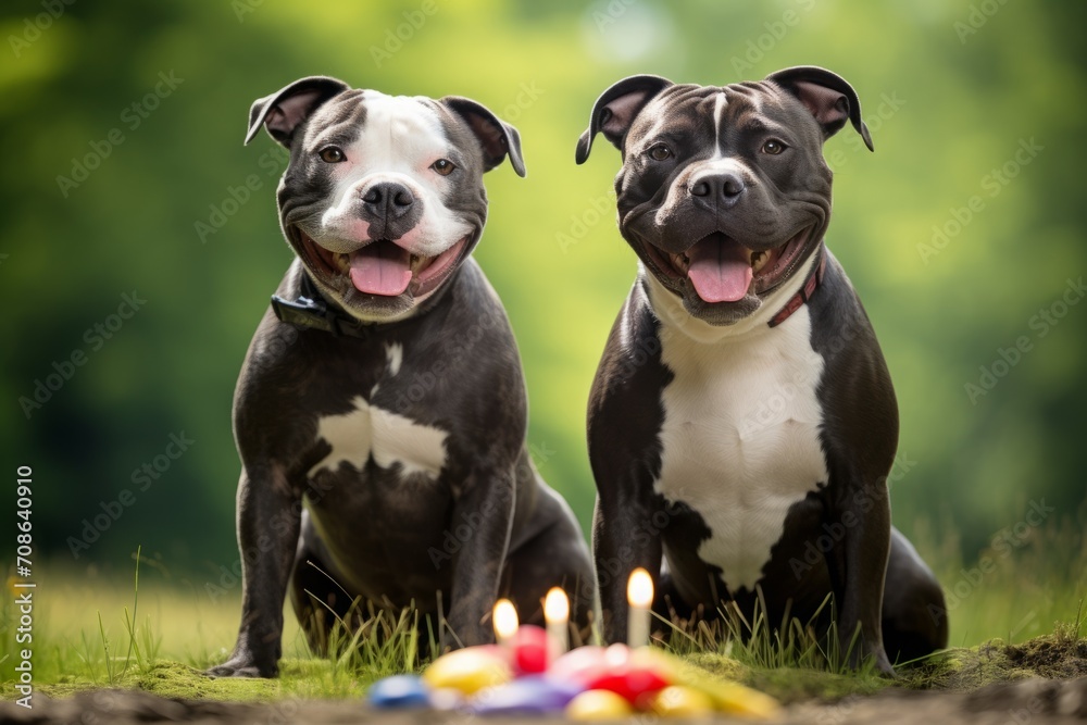 two Staffordshire Bull Terriers celebrate their birthday. a festive ...