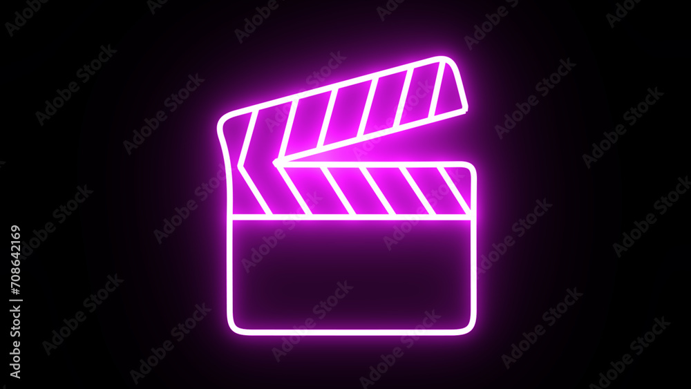 ภาพประกอบสต็อก Neon glowing Clapperboard icon. neon Open and closed ...